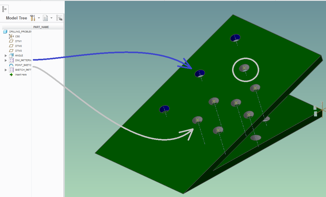 Hole pattern problem with angular surfaces - PTC Community
