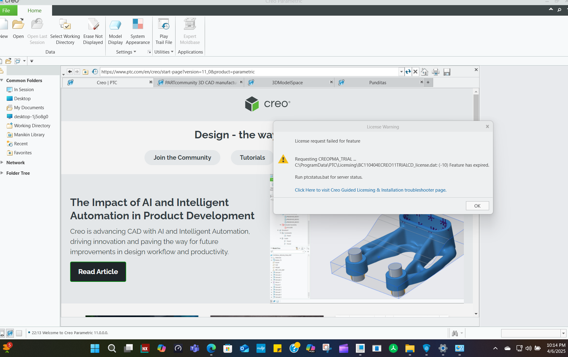 Solved: When I try to use Creo, I get the message Error -1... - PTC ...