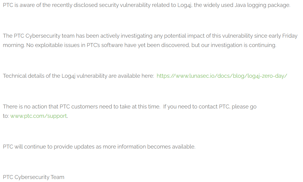 Solved: Log4j vulnerability - PTC Community