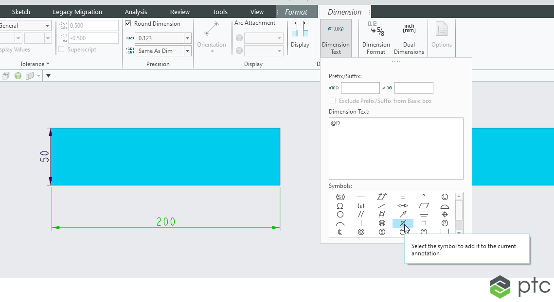 Solved How To Add Text Symbol To Dimension By Toolkit Ptc Community