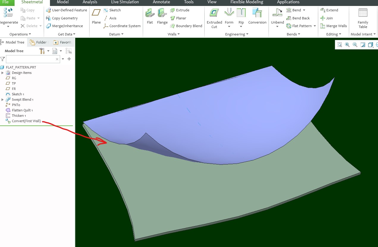 Solved: flat pattern for swept blend curved sheet. - PTC Community